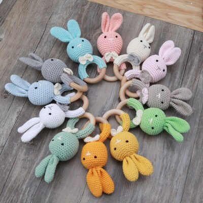 BPA Free Safe Crochet Baby Teether Cartoon Bunny Wooden  Rat