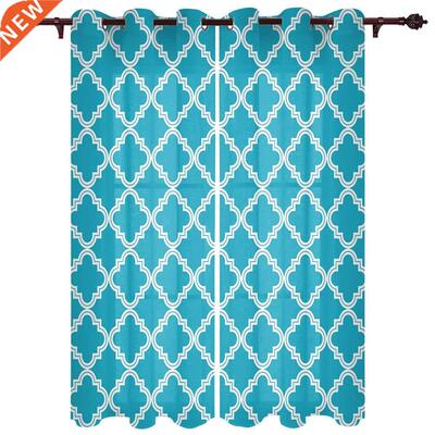 Blue Moroccan Geometric Checks Window Curtains for Bedroom