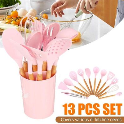 Silicone Cooking Utensil Set Wooden Handle Spatula Soup