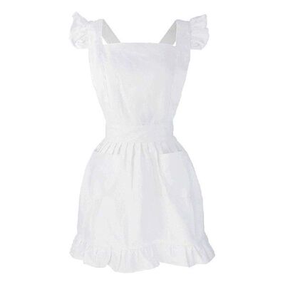Ruffles Outline Retro White Apron with Pockets Adjustable