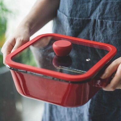 Japanese glass cover pot red enamel cooker ears thickened