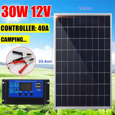 30W Solar Panel USB 12V Monocrystalline Cell +40A Solar Char