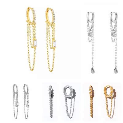 925 Sterling Silver Ear Buckle Double Chain Earrings for Wom