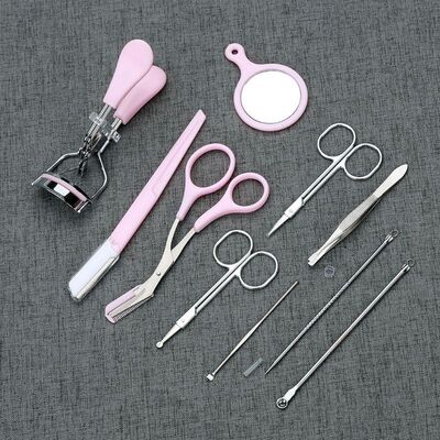 Eyelash Curler Set Clip Eyebrow Pliers Scissors Pink Mirror