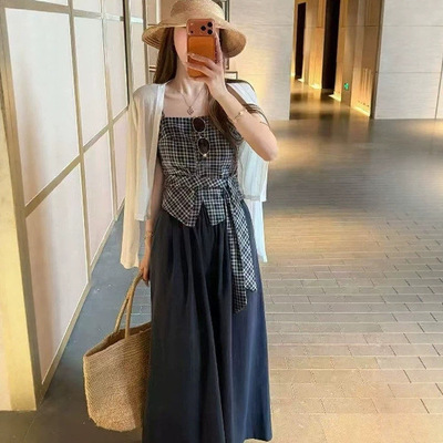 2026春夏新款韩版百搭高级感长袖开衫+格子背心+阔腿裤三件套女