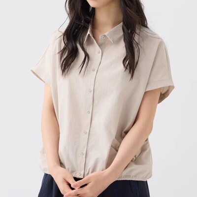 斯琴2025夏专柜正品棉宽松短袖衬衫翻领单排扣衬衣上衣BEXS01014