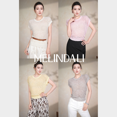 MELINDA LI【老钱多巴胺】莱赛尔棉麻闪丝亮片镂空钩花针织衫短袖