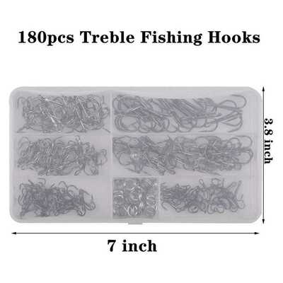 180pcs/Box Treble Fishing Hooks Sharp Round Bend Triple hook