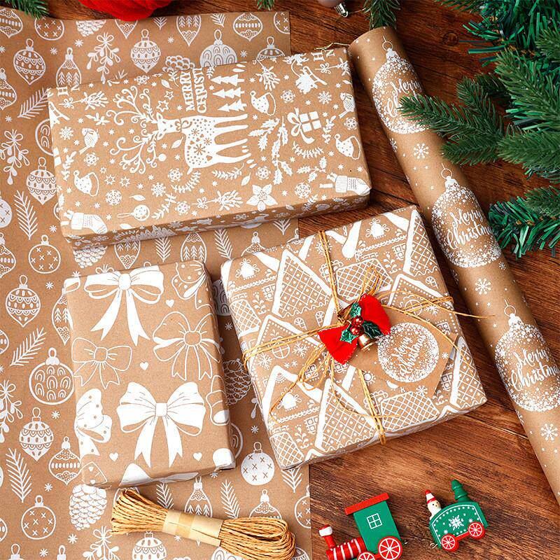 Christmas Gift Wrapping Paper Roll复古牛皮纸耶诞节礼物包装纸