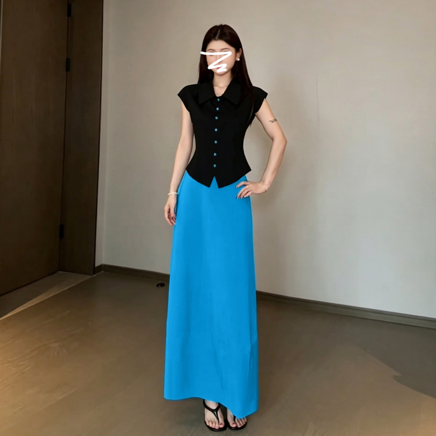 韩系巨好看克莱因蓝色套装洋装子女夏季翻领上衣半身裙子两件套