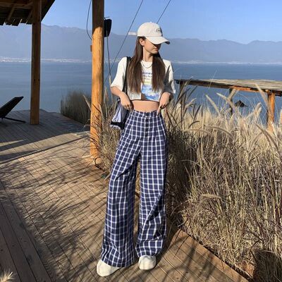休闲宽松直筒格子阔腿裤 Casual loose straight checkered pants