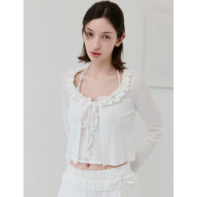 【现货】DKZ 白色木耳边碎花针织绑带开衫春夏新款挂脖背心两件套