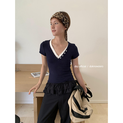 DKZ  v领短袖t恤女夏季新款修身显瘦百搭辣妹上衣