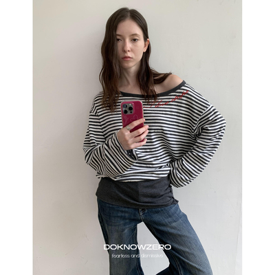 DKZ 船领条纹长袖t恤女秋季新款宽松复古上衣