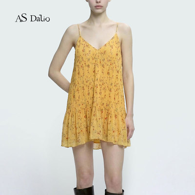ASDalio黄色碎花压褶吊带