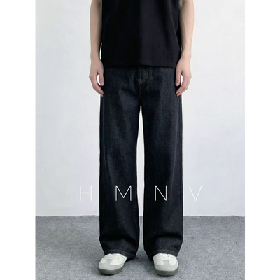HMNV 美式复古丹宁男黑色宽松原色牛仔直筒阔腿裤2026新款