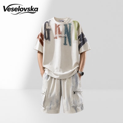 Veselovska潮牌运动套装男款美式休闲短袖T恤夏季工装短裤两件套