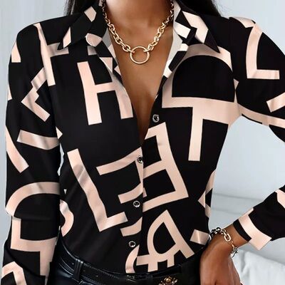 复古拼色翻领长袖衬衣