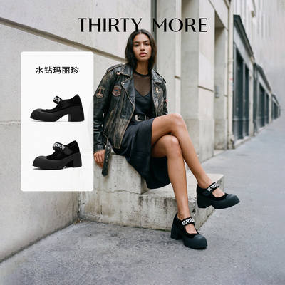 Thirty More粗跟外穿增高玛丽珍鞋女夏季新款浅口魔术贴气质单鞋