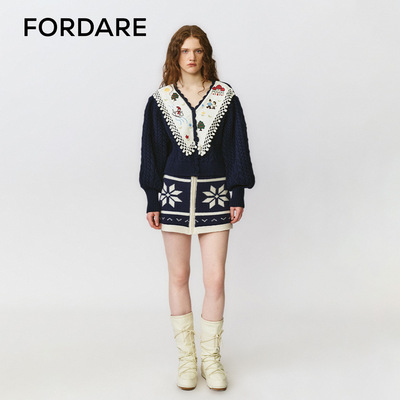 FORDARE/福蝶25秋冬童趣绣花领泡泡袖毛织开衫