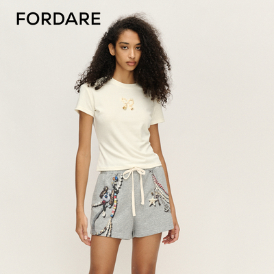 FORDARE/福蝶25春夏新款白色百搭蝴蝶珠片LOGO女士上衣短T恤
