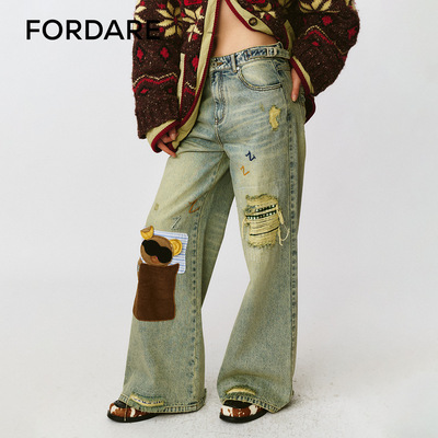 FORDARE/福蝶25早秋呼呼大睡小熊贴布复古感牛仔裤