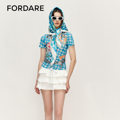 FORDARE/福蝶25春夏趣味手绘感格纹链条T恤涂鸦感薄款女上衣