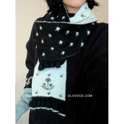 薄荷黑巧韩系少女小鹿提花围巾