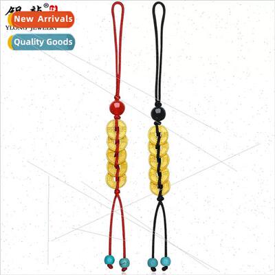 Gold cell phone pendant gold keychain charm woven red rope c