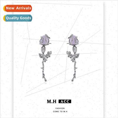 Purple rose earrings female hundred wh 925 silver pin earrin