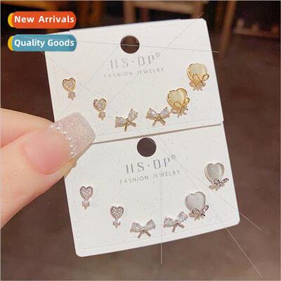 Love Cat Eye Stone Bow Combination Stud Earrings che Premium