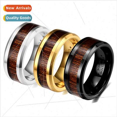 Europe new 8mm wood grain gold finger ring tungsten steel st