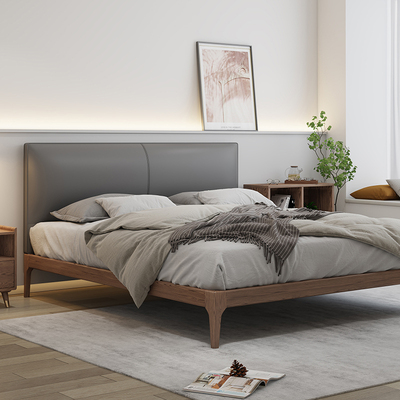 CBD北欧实木真皮床轻奢现代简约1.8米主卧双人1.5米小户型高脚齐