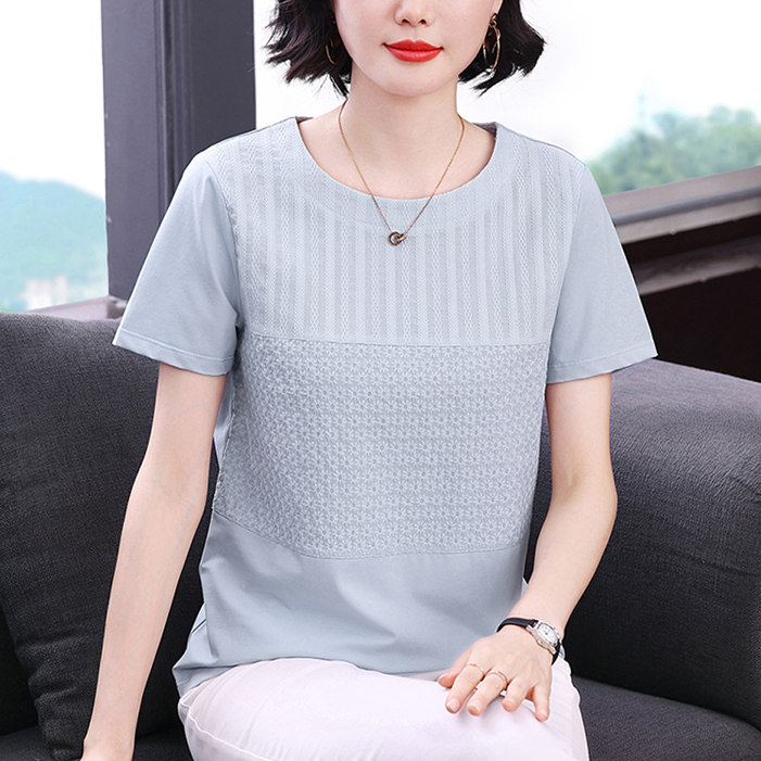 妈妈纯棉短袖T恤女拼接蕾丝上衣中年夏装新款韩版半袖大码半袖衫