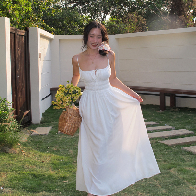 ooh itch痒痒 法式白色吊带裙大裙摆a字长裙性感红色度假风连衣裙