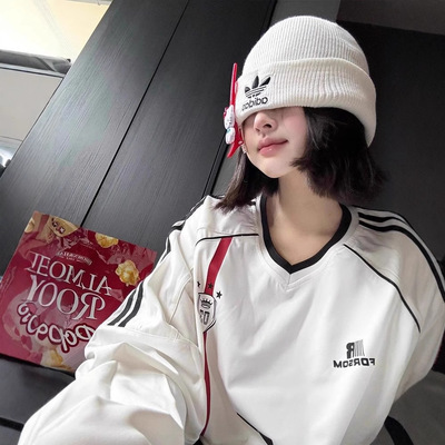 美式复古运动撞色v领长袖t恤女早春季设计感小众休闲宽松球衣上衣