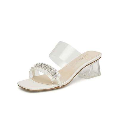 Tata他她一字带粗跟拖鞋女外穿法式透明底凉拖2024夏新款UFL02BT4