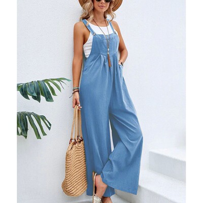 纯色宽松背带裤女 Solid color casual loose overalls for women