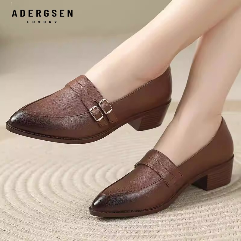 ADERGSEN英伦风尖头厚底乐福鞋女粗跟双扣带一脚蹬通勤风小皮鞋