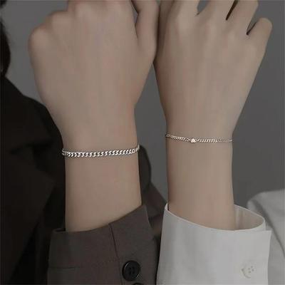2Pcs 925 Chain Bracelet Set for Women Men Simple Crystal Hea