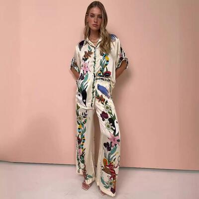 缎面两件套 2Piece set Flower Print Satin Blouse Pants Set