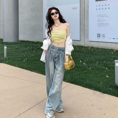 ZRZV韩版复古蓝阔腿裤2024春夏新款高腰显瘦宽松直筒拖地牛仔裤子