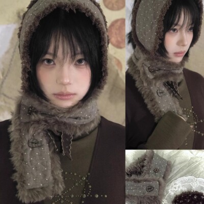 蜗牛骸波点绗棉双面耳罩围巾