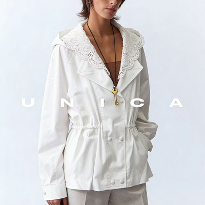 馨菲设计上新春日氛围感蕾丝翻领双排扣抽绳收腰短外套J754