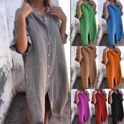 Summer mid sleeve cotton linen women shirt dress衬衣连衣裙女