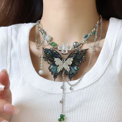 复古蝴蝶珍珠流苏多层锁骨链女