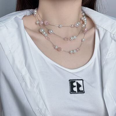 法式轻奢多层粉白爱心锁骨链