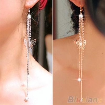 Womens Butterfly Rhinestone Drop Long Tassels Chain Hook Da