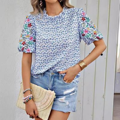 Short Womens Wave Block High Buckled Embroidered Neck Top