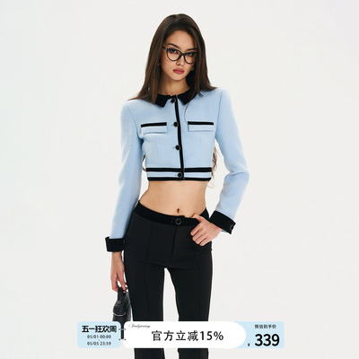 FINDYAWINGS《法式冰蓝》短款露腰设计丝绒撞色小香风甜酷外套女